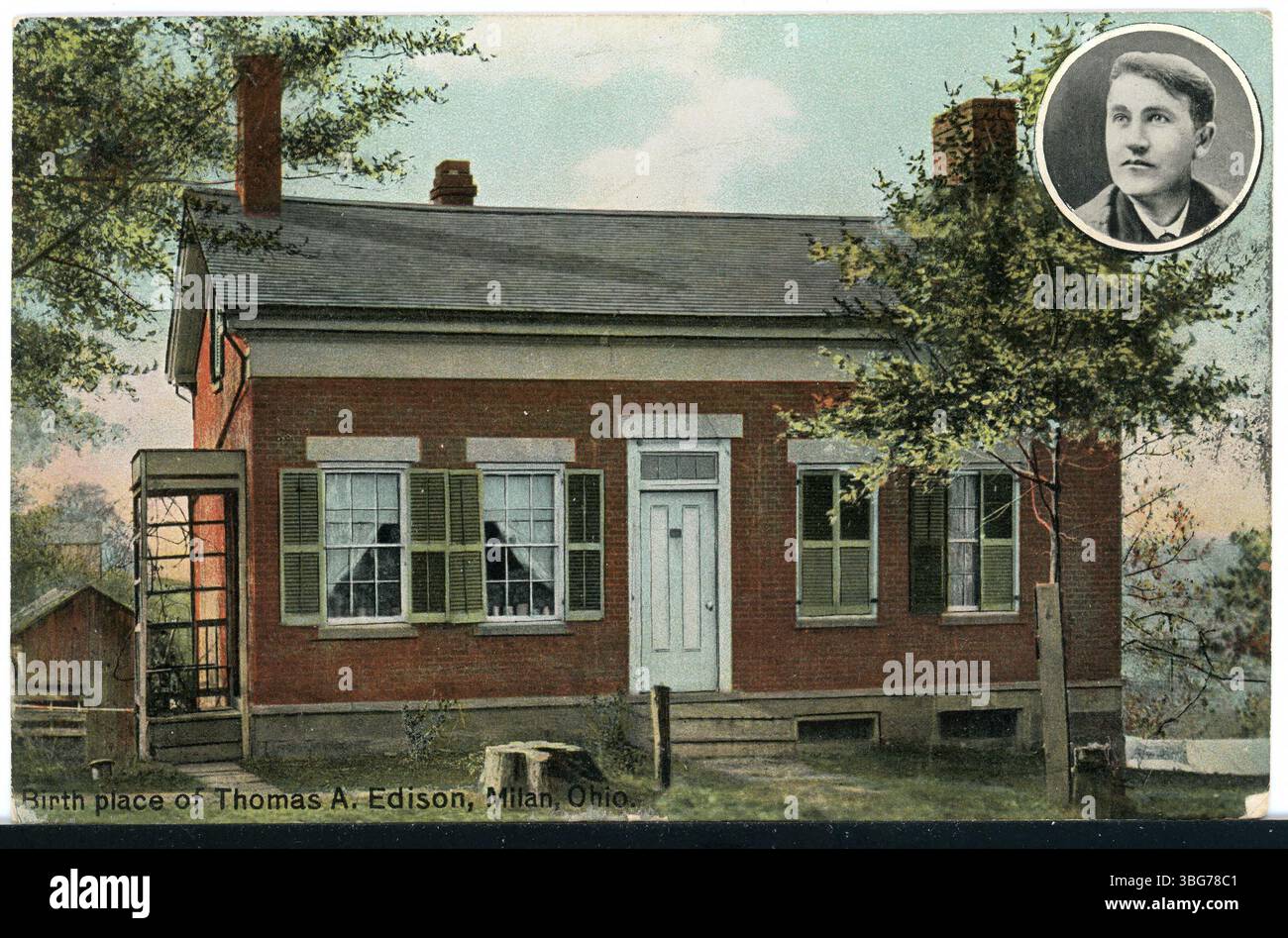 A 1908 color postcard showing the birthplace of Thomas A. Edison in ...