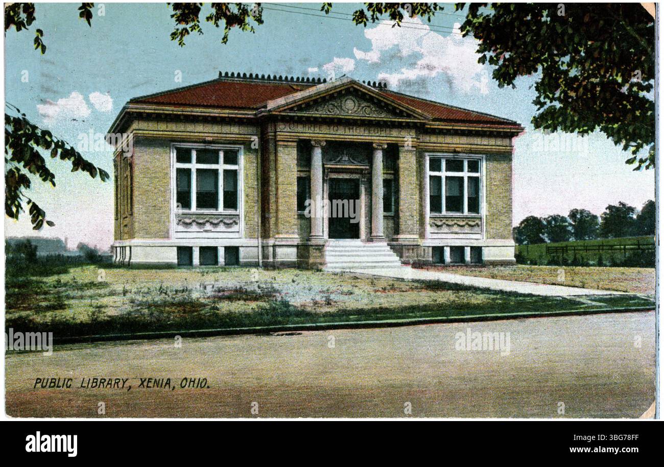 Colorized view of the front facade of the Public Library in Xenia, Ohio ...