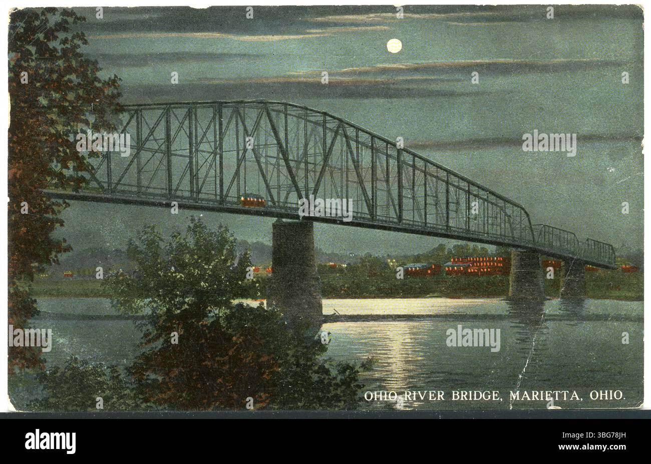 Color postcard depicting the Ohio River Bridge at night in Marietta ...