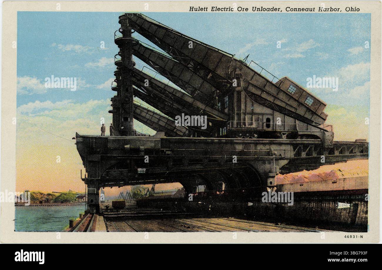 A color postcard showing the Hulett Electric Ore Unloader at Conneaut ...