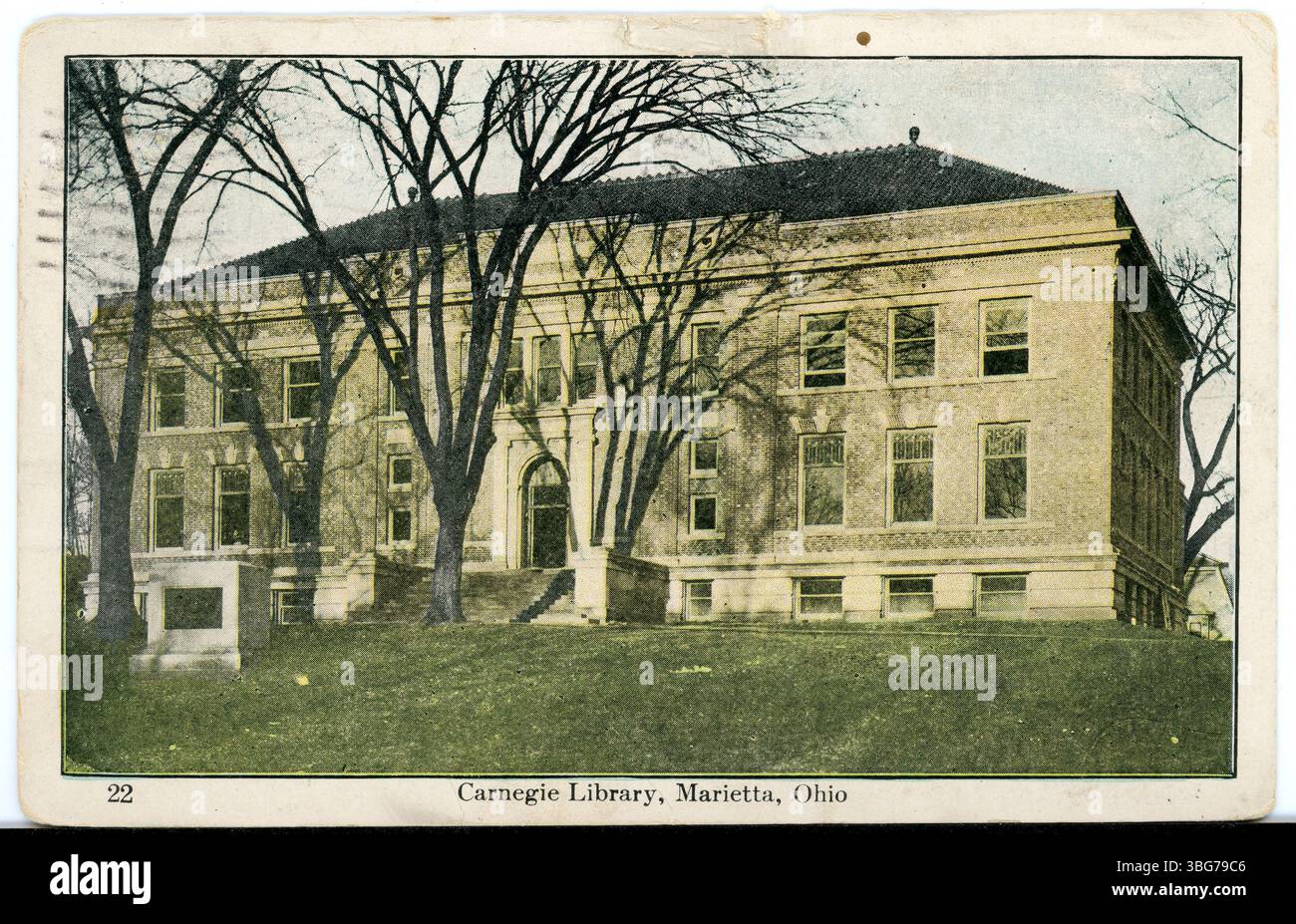 A color postcard of the Carnegie Library in Marietta, Ohio ...