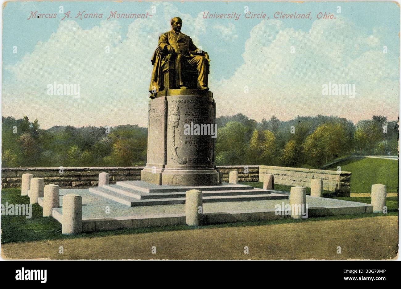 This hand-tinted image shows the Marcus A. Hanna Monument at University ...