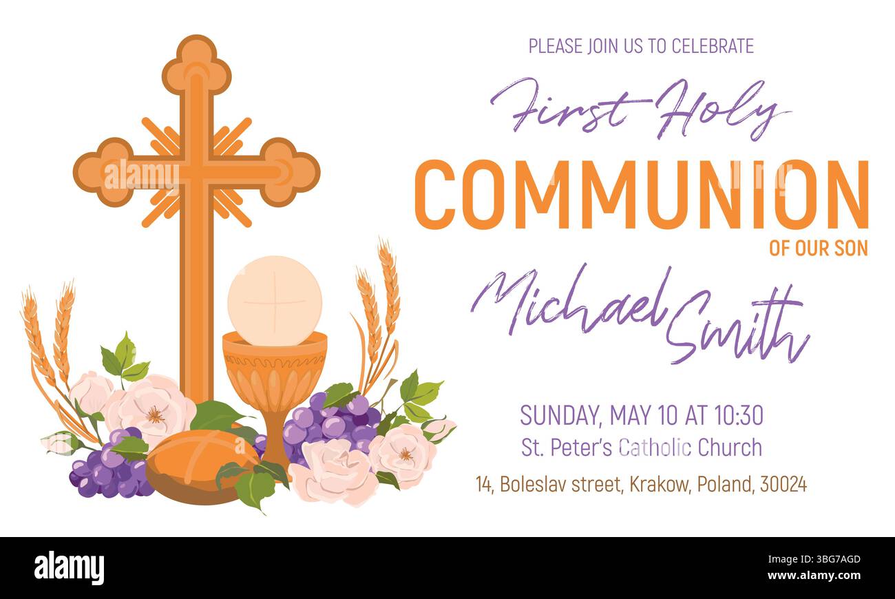 Square frame with first communion symbols. Vector. Composition from a ...