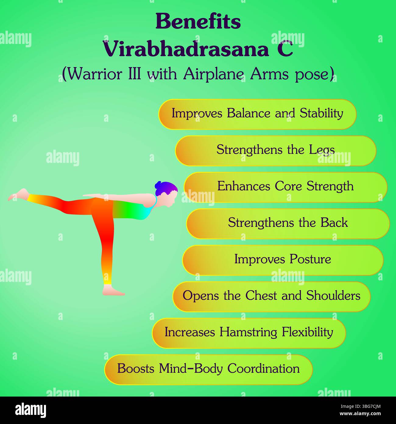 Benefits of practicing Virabhadrasana C yoga pose. Warrior 3 with ...