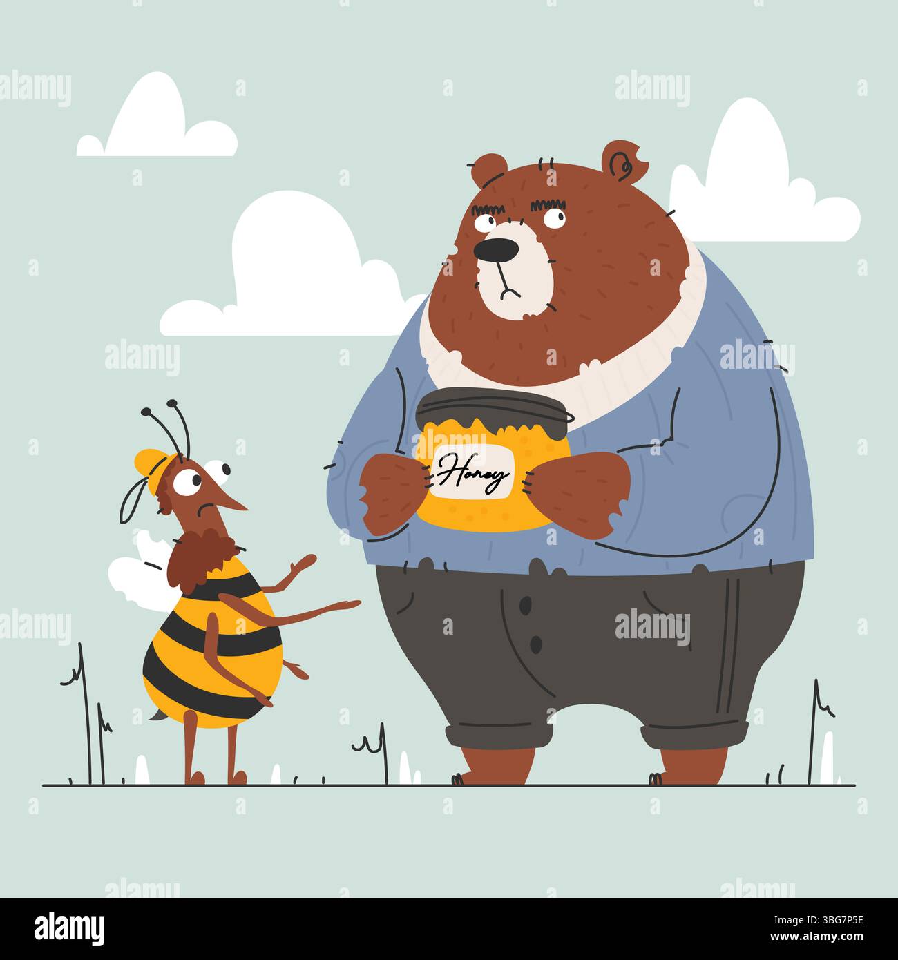 A cartoon illustration showing a bear holding a jar of honey being ...