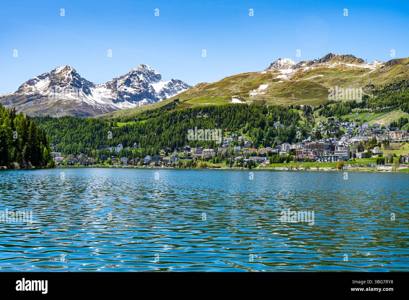 The village and lake of St. Moritz in spring. Engadine, Switzerland ...