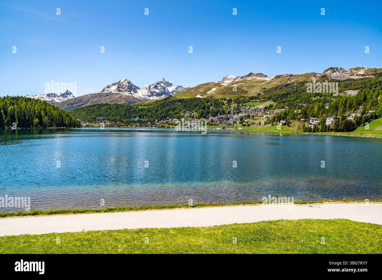 The village and lake of St. Moritz in spring. Engadine, Switzerland ...