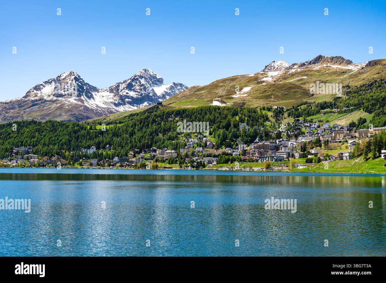 The village and lake of St. Moritz in spring. Engadine, Switzerland ...
