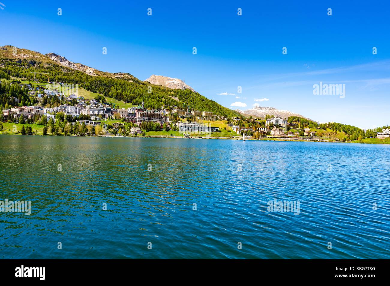 The village and lake of St. Moritz in spring. Engadine, Switzerland ...