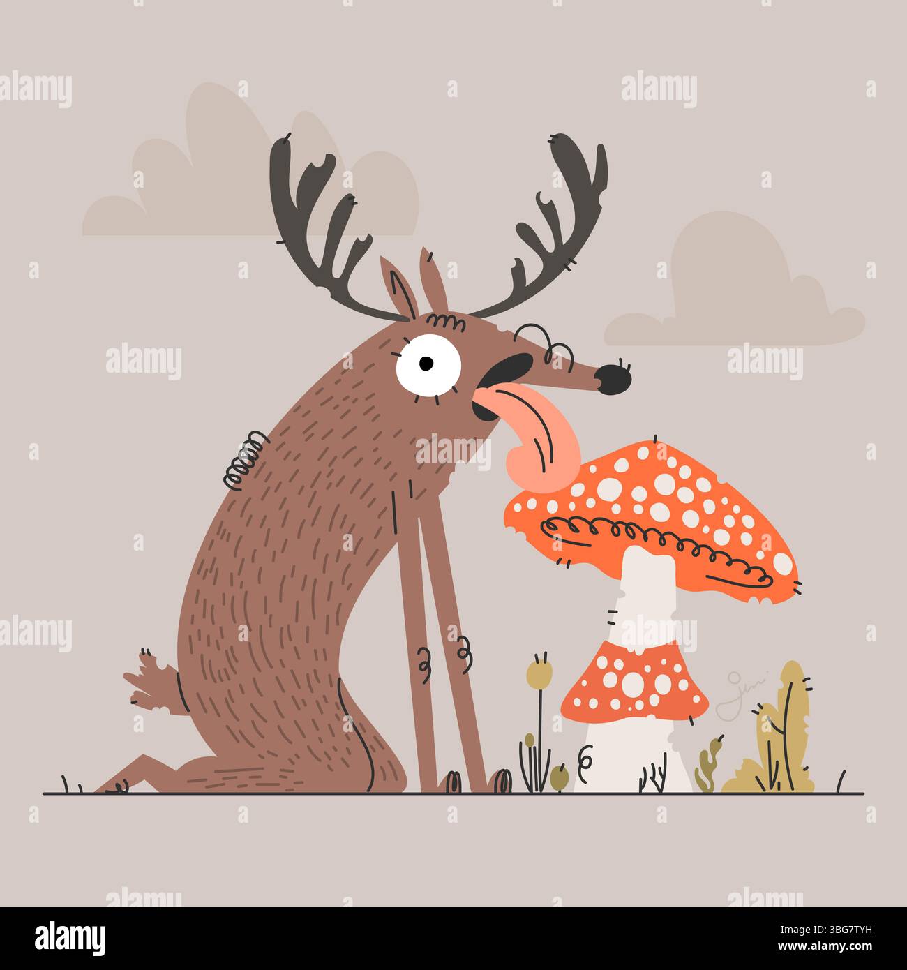 This cartoonstyle illustration features a deer with a goofy expression ...