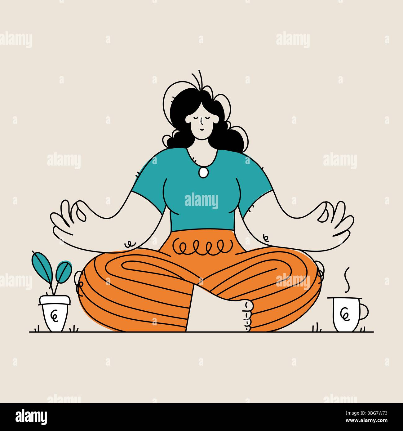 Cartoon illustration of a woman meditating in lotus position with a cup ...