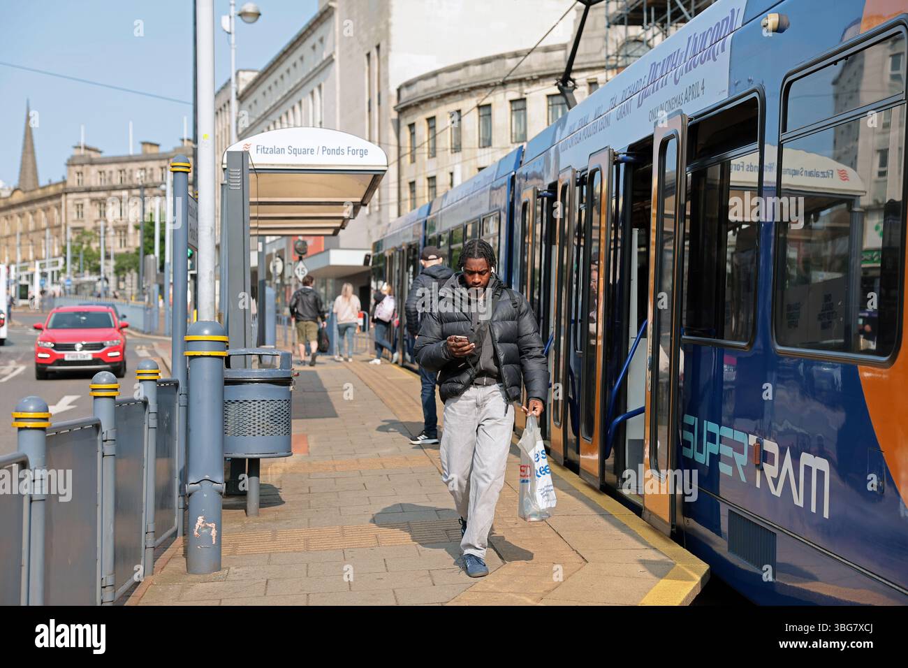 A Sheffield Supertram tram service stops at Ponds Forge in Sheffield on ...