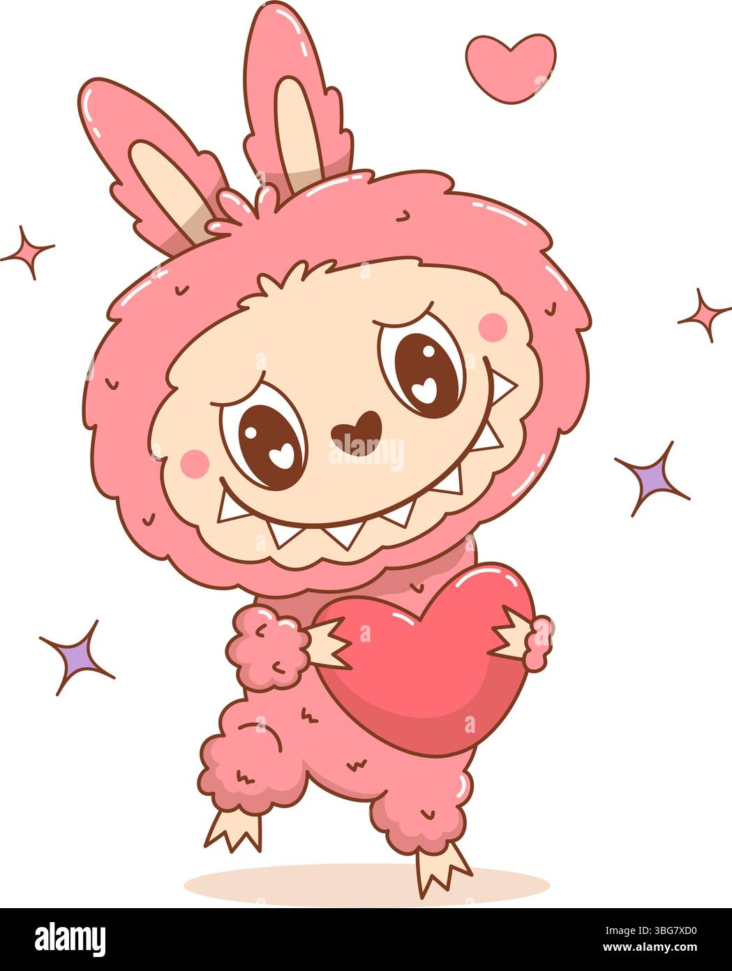 Cute Pink Monster Toy Labubu with Heart. Romantic Fluffy Cartoon Funny ...