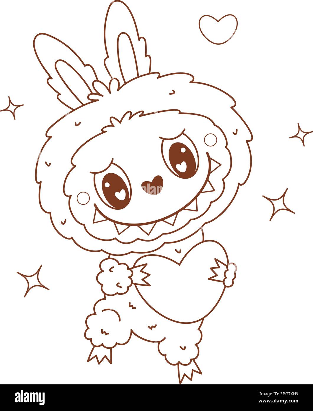 Outline Cute Monster Toy Labubu with Heart. Romantic Cartoon Funny ...