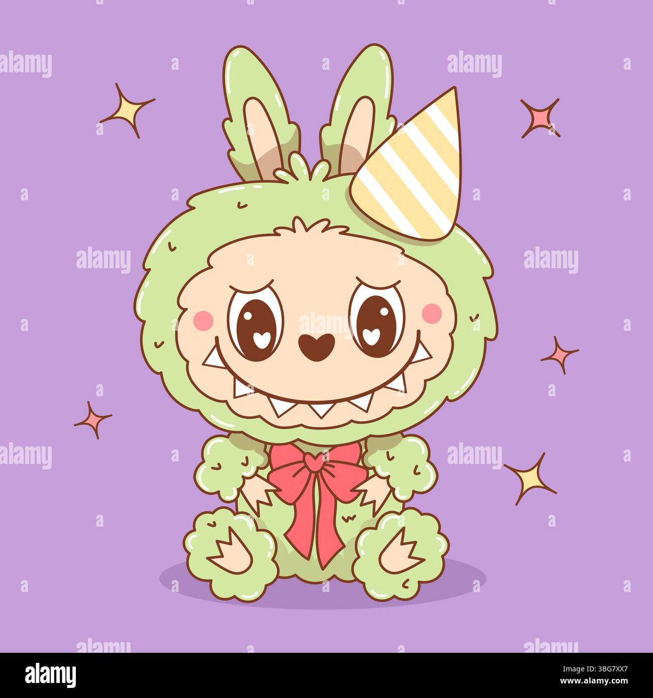 Cute Monster Toy Labubu in birthday hat. Fluffy Cartoon Funny kawaii ...