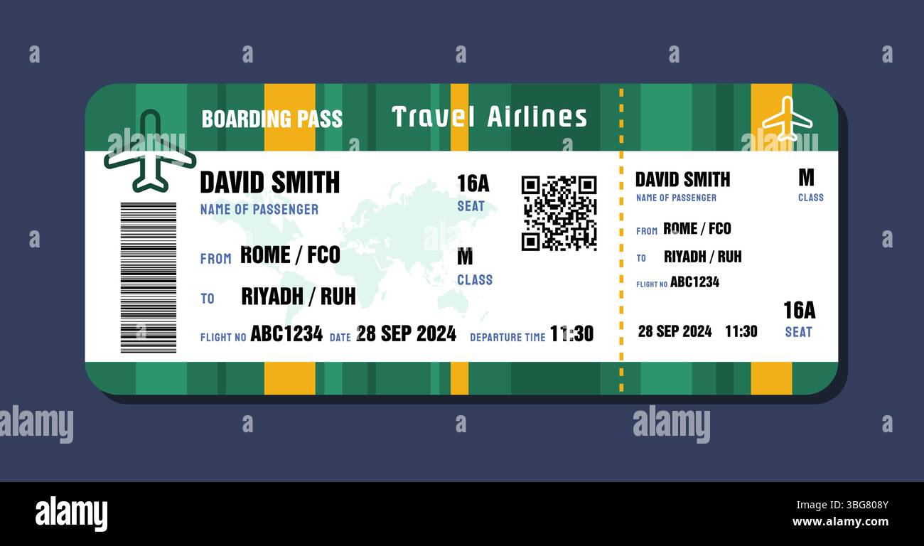 Ticket to Riyadh, Saudi Arabia from Italy. Boarding pass template with ...