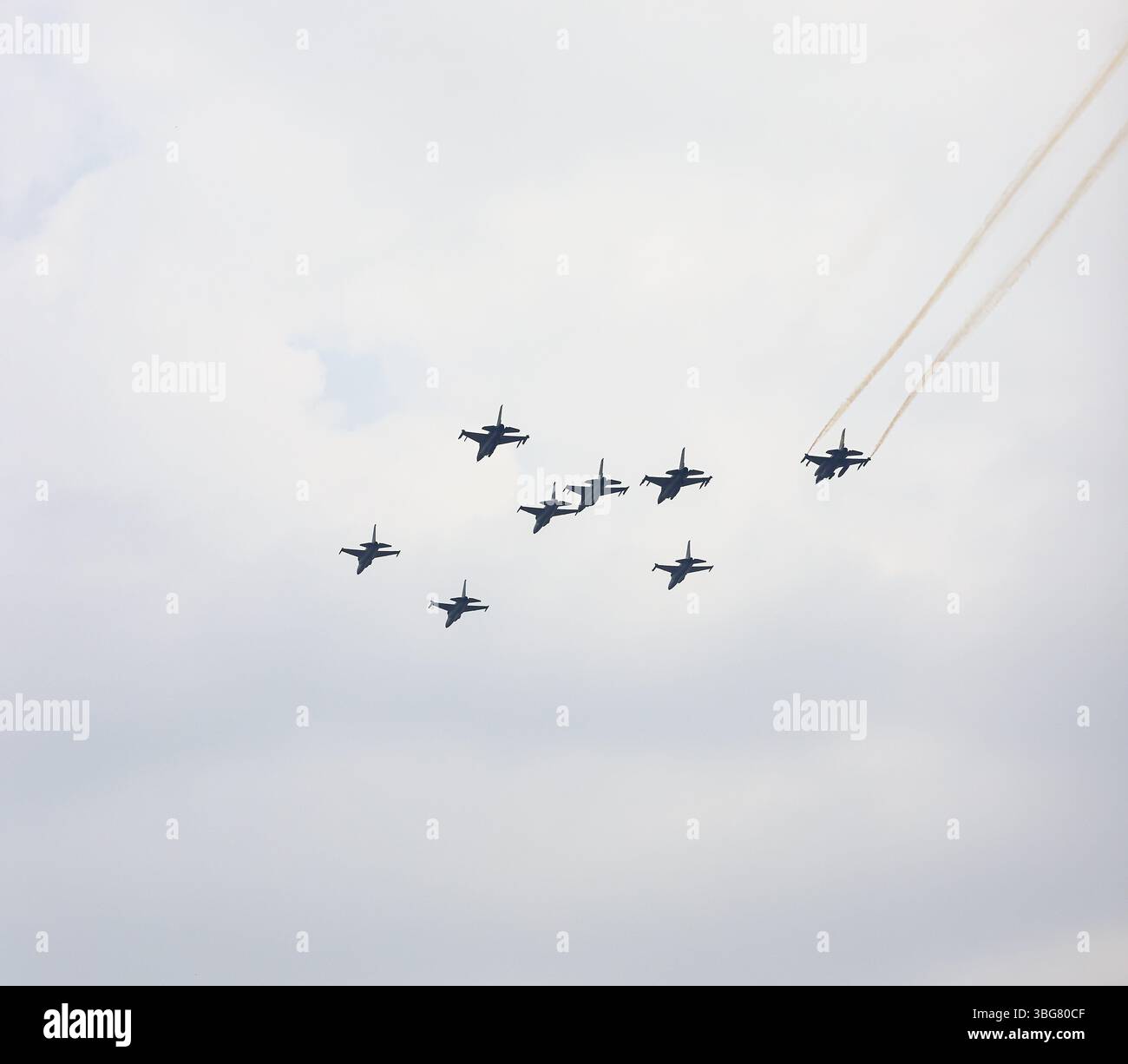 Formation flight of the Royal Thai Air Force T-50 Golden Eagle and F-16 ...