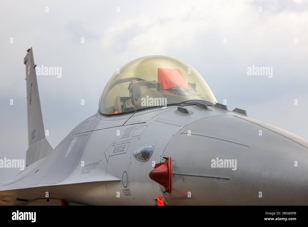 Close up F-16C fighter jet cockpit side view at airshow in Thailand ...