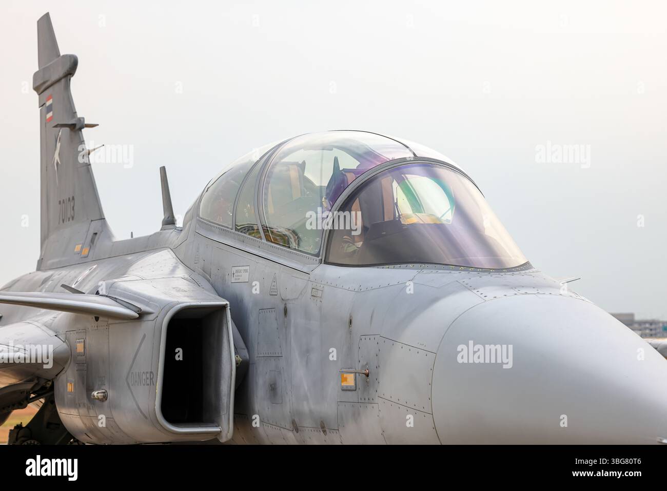 Close up Saab JAS 39 Gripen fighter jet cockpit side view at airshow in ...