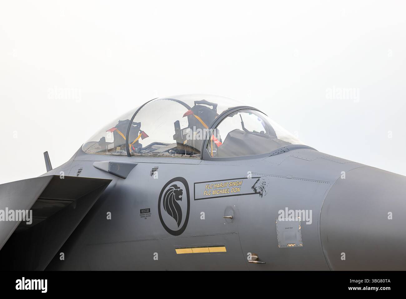Close up Boeing F-15SG Multi-Role Fighter cockpit side view at airshow ...