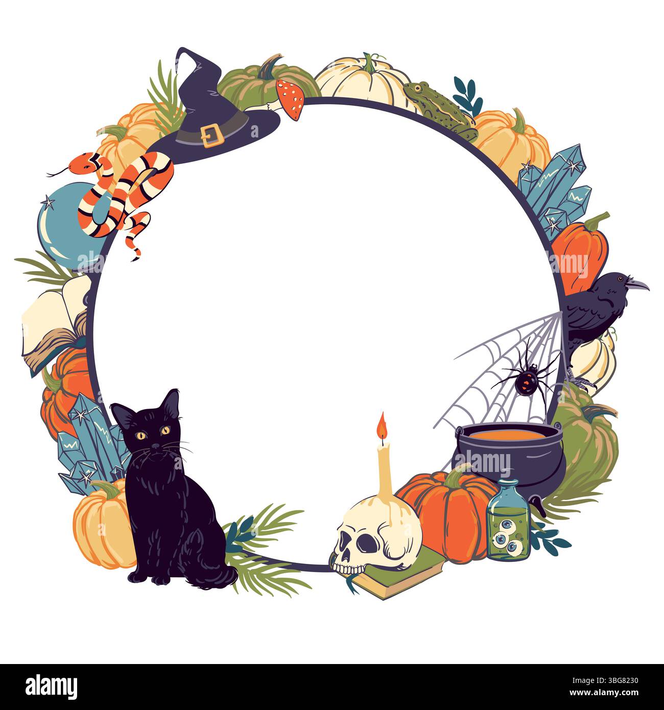 Frame with magic items, Halloween decoration. Round template with ...