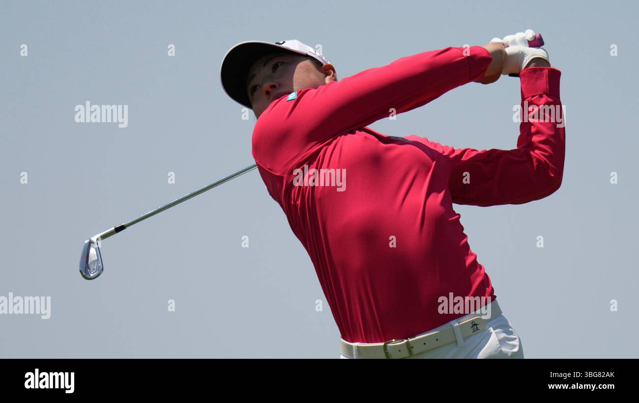Rio Takeda, of Japan, hits from the sixth tee during the third round of ...