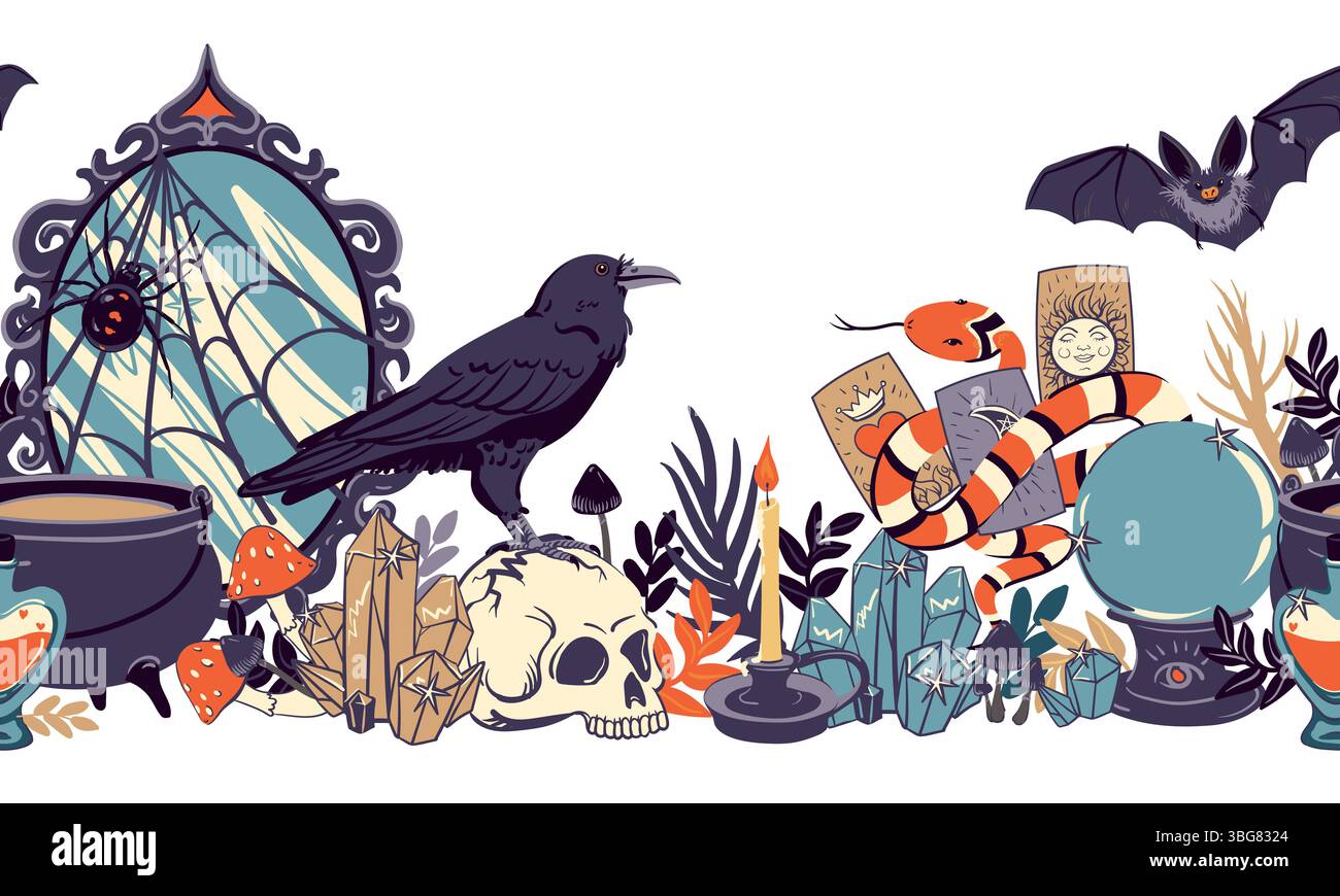 Seamless horizontal pattern with witch objects. Concept witchcraft ...