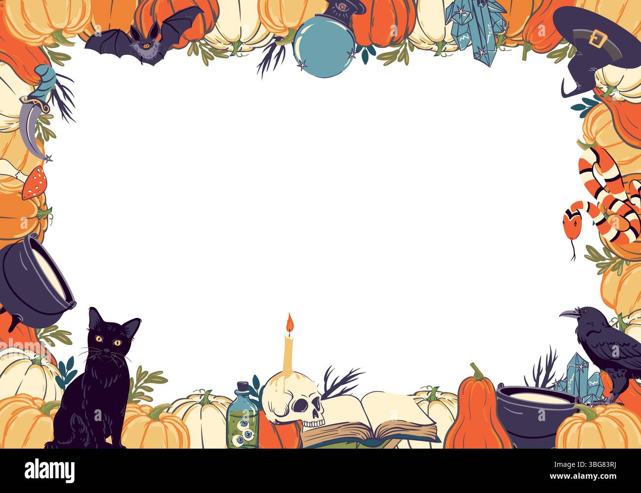 Rectangle frame with magic items, Halloween decoration. Template with ...