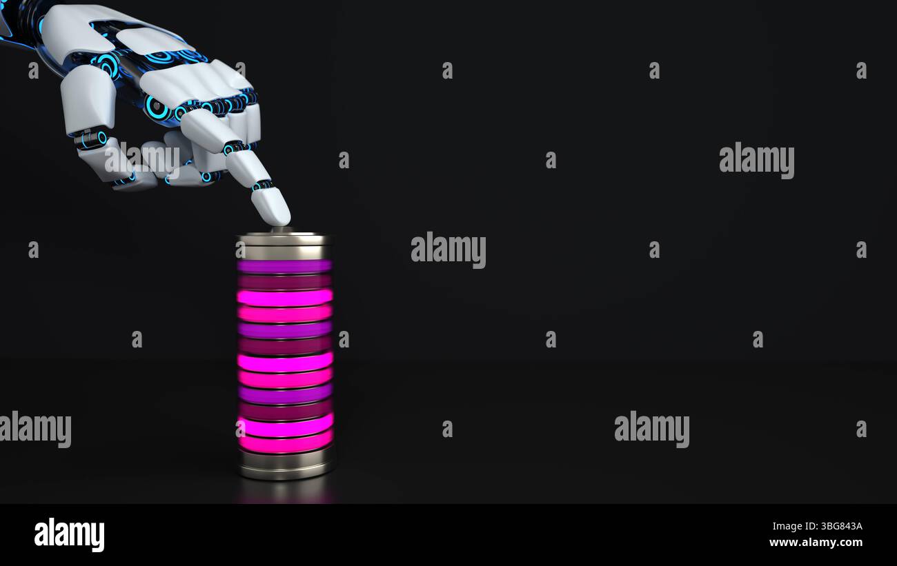 Robot touch battery. 3D illustration. Humanoid robot hand touch the ...
