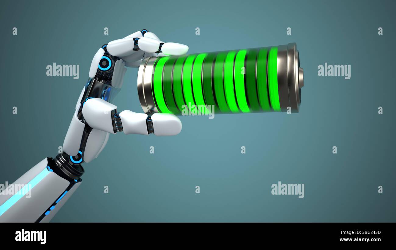 Robot hand green battery. 3D illustration. Humanoid robot hand with a ...
