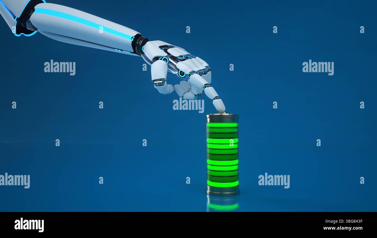Robot touch battery. 3D illustration. Humanoid robot hand touch the ...