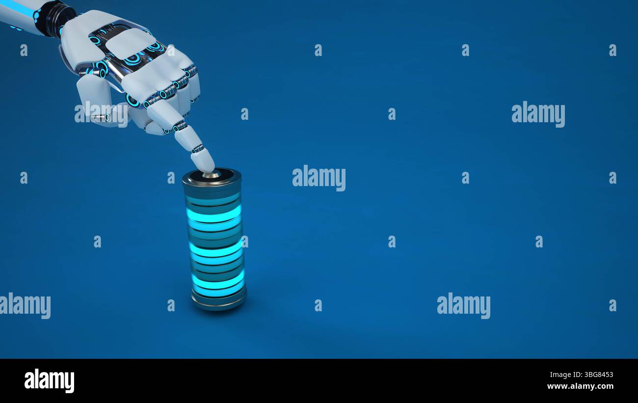 Robot touch battery. 3D illustration. Humanoid robot hand touch the ...