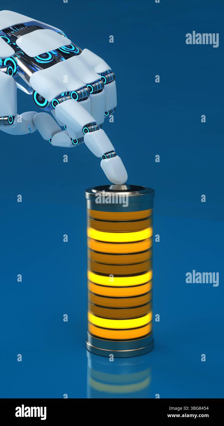 Robot touch battery. 3D illustration. Humanoid robot hand touch the ...