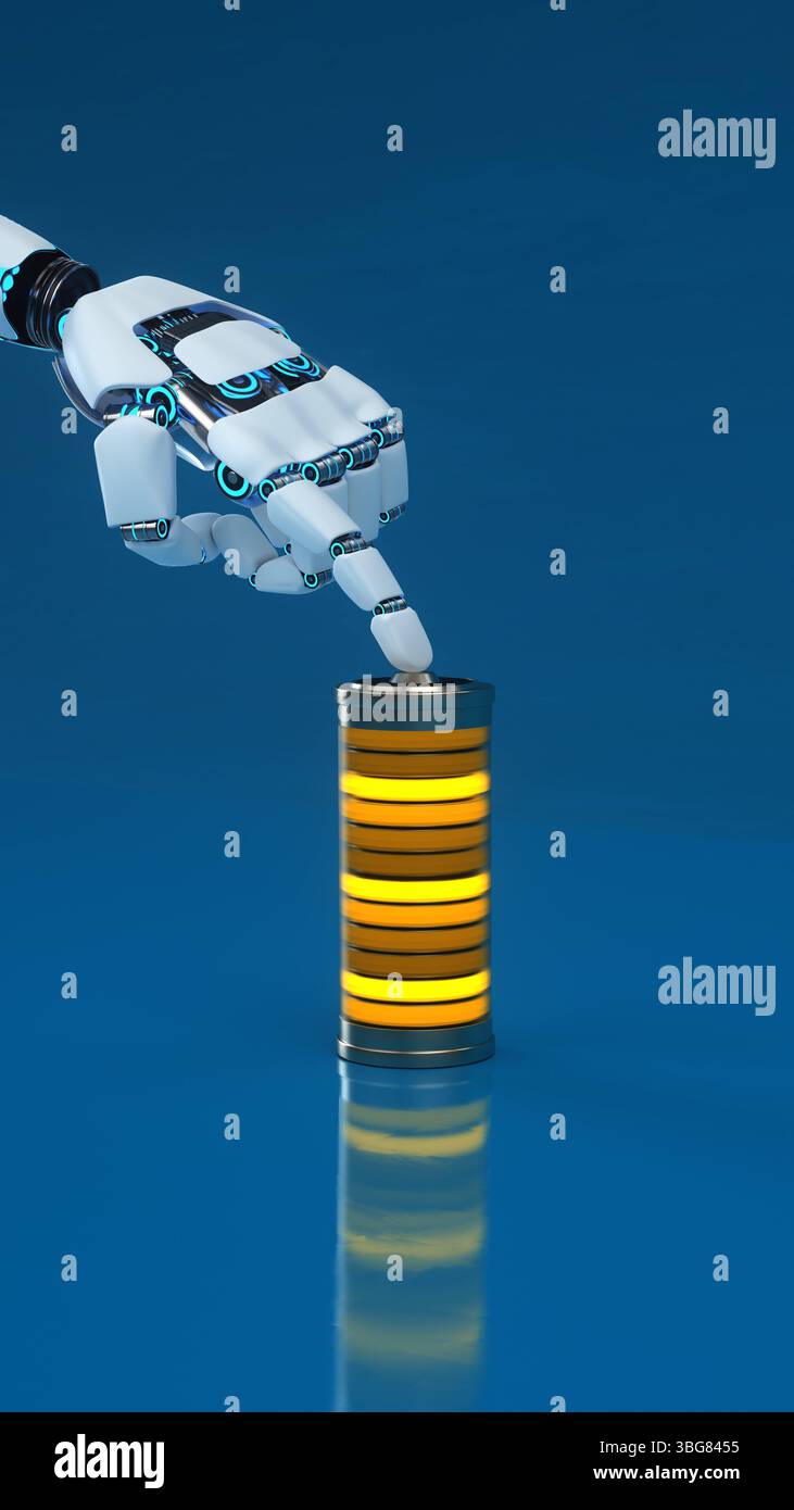 Robot touch battery. 3D illustration. Humanoid robot hand touch the ...