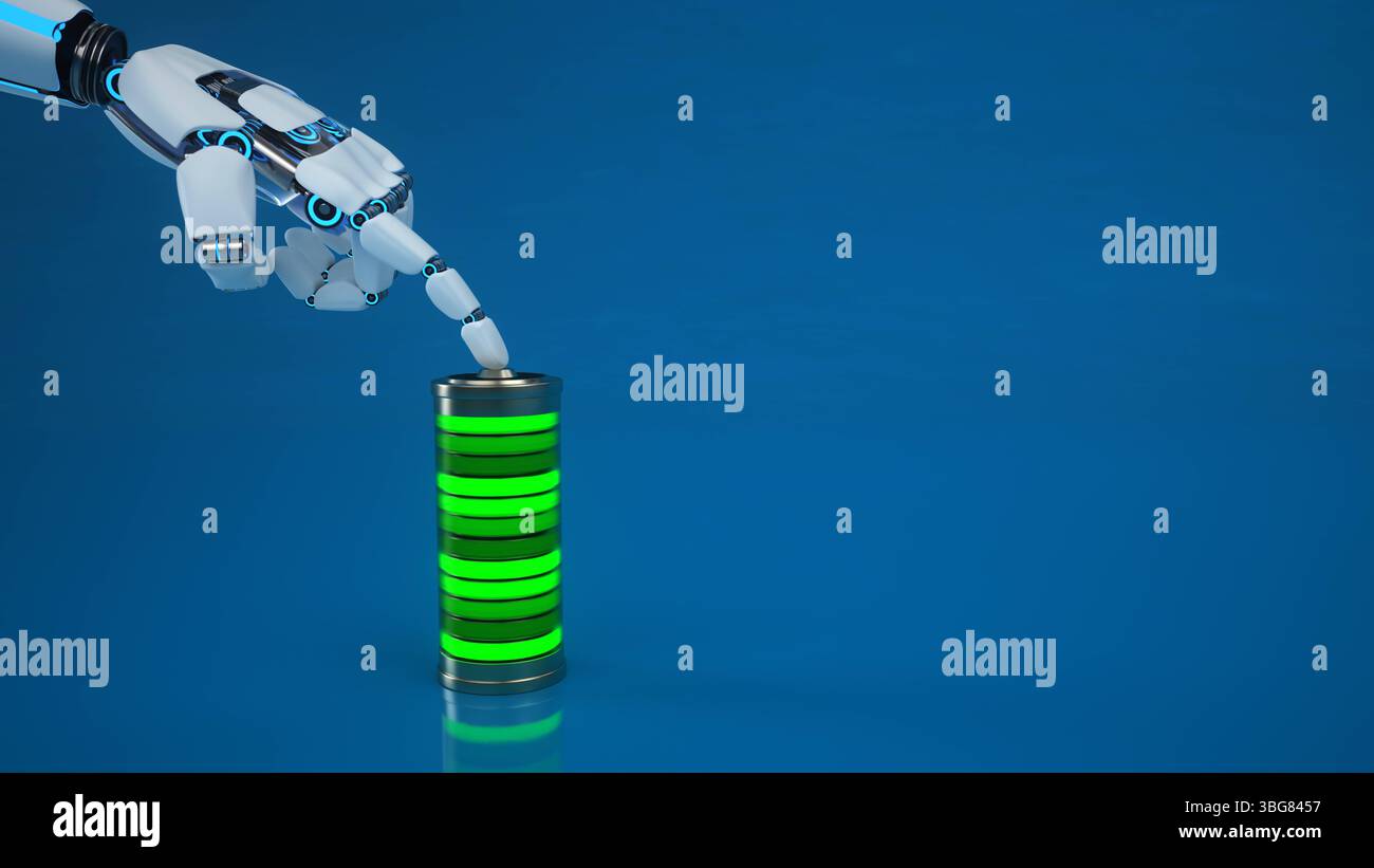 Robot touch battery. 3D illustration. Humanoid robot hand touch the ...