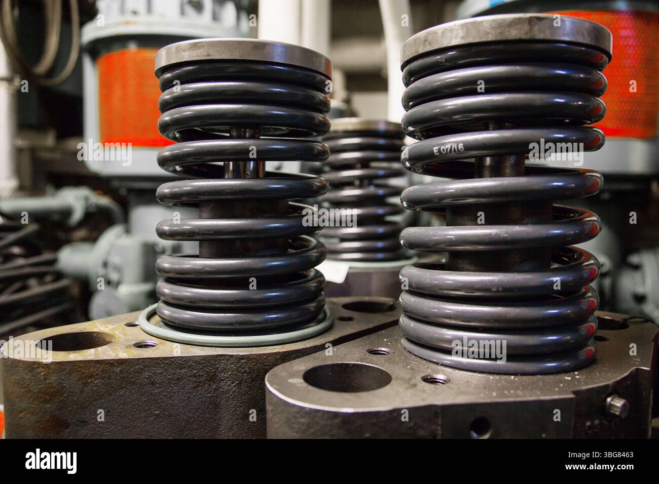 Details of the main engine of the ship lubricated with grease, close-up ...