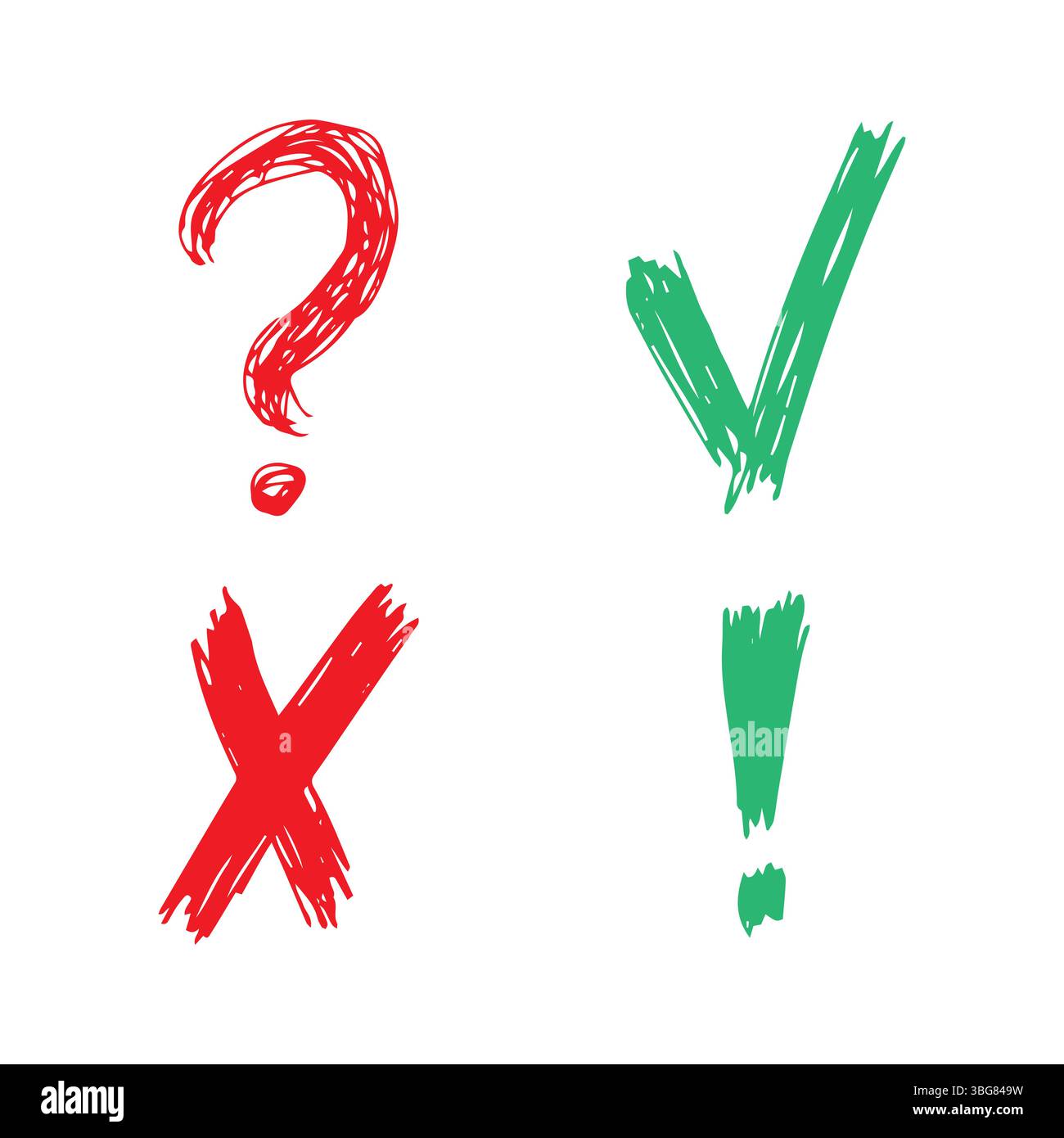 Hand drawn check, cross, question mark and exclamation mark symbols ...