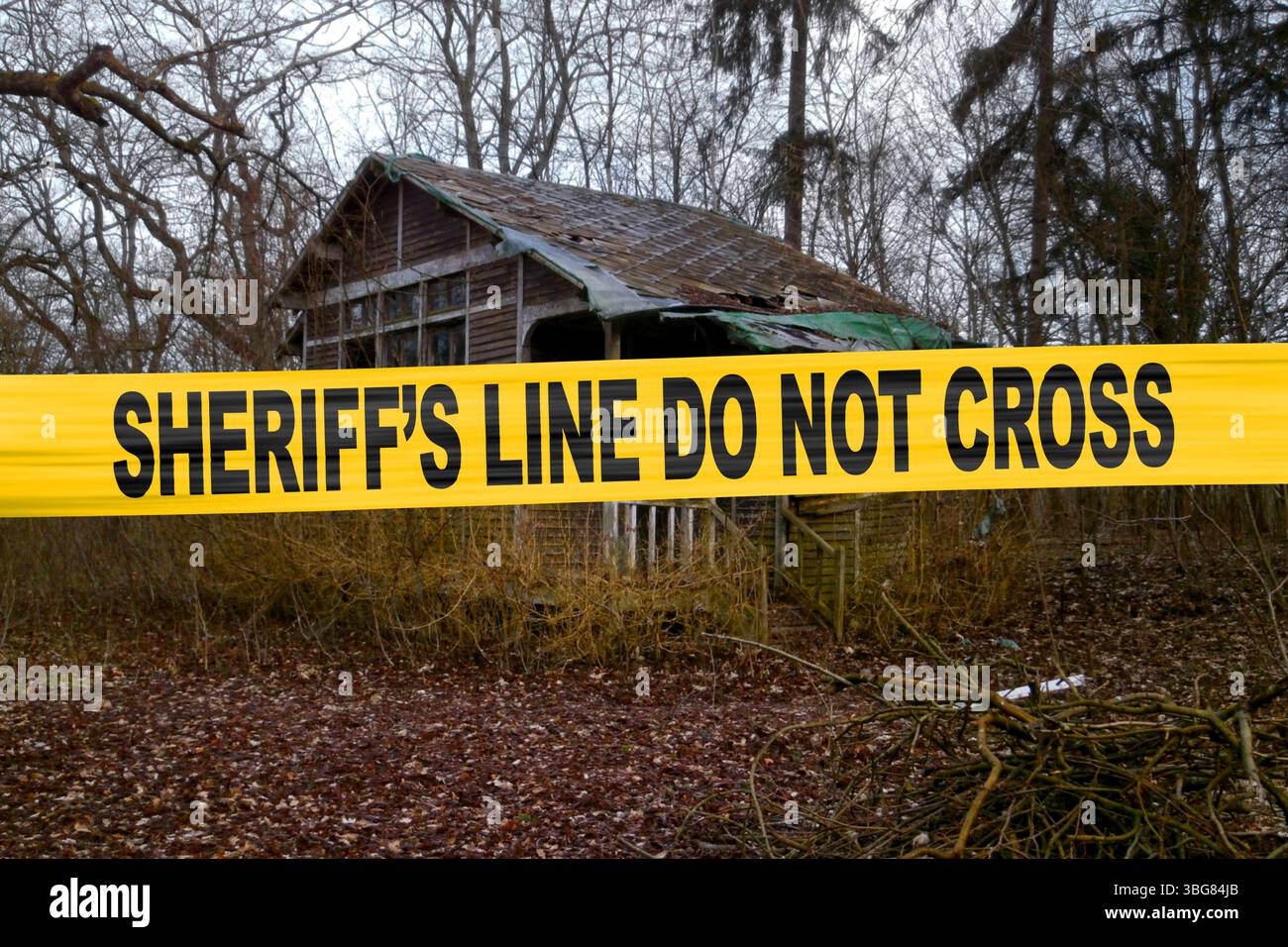Abandoned cabin in the woods with a police tape with written in it ...