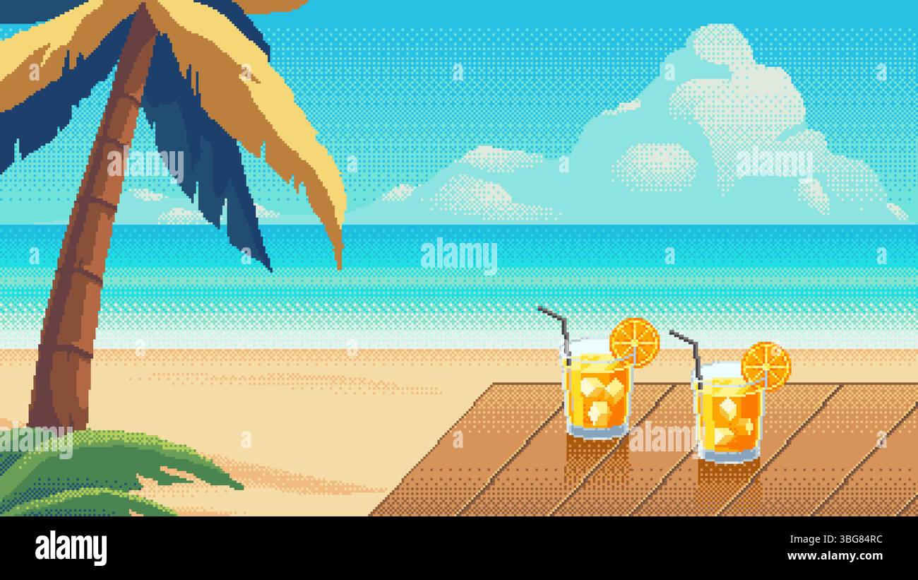 Two summer cocktails with orange slices on a beach table. Pixel art ...