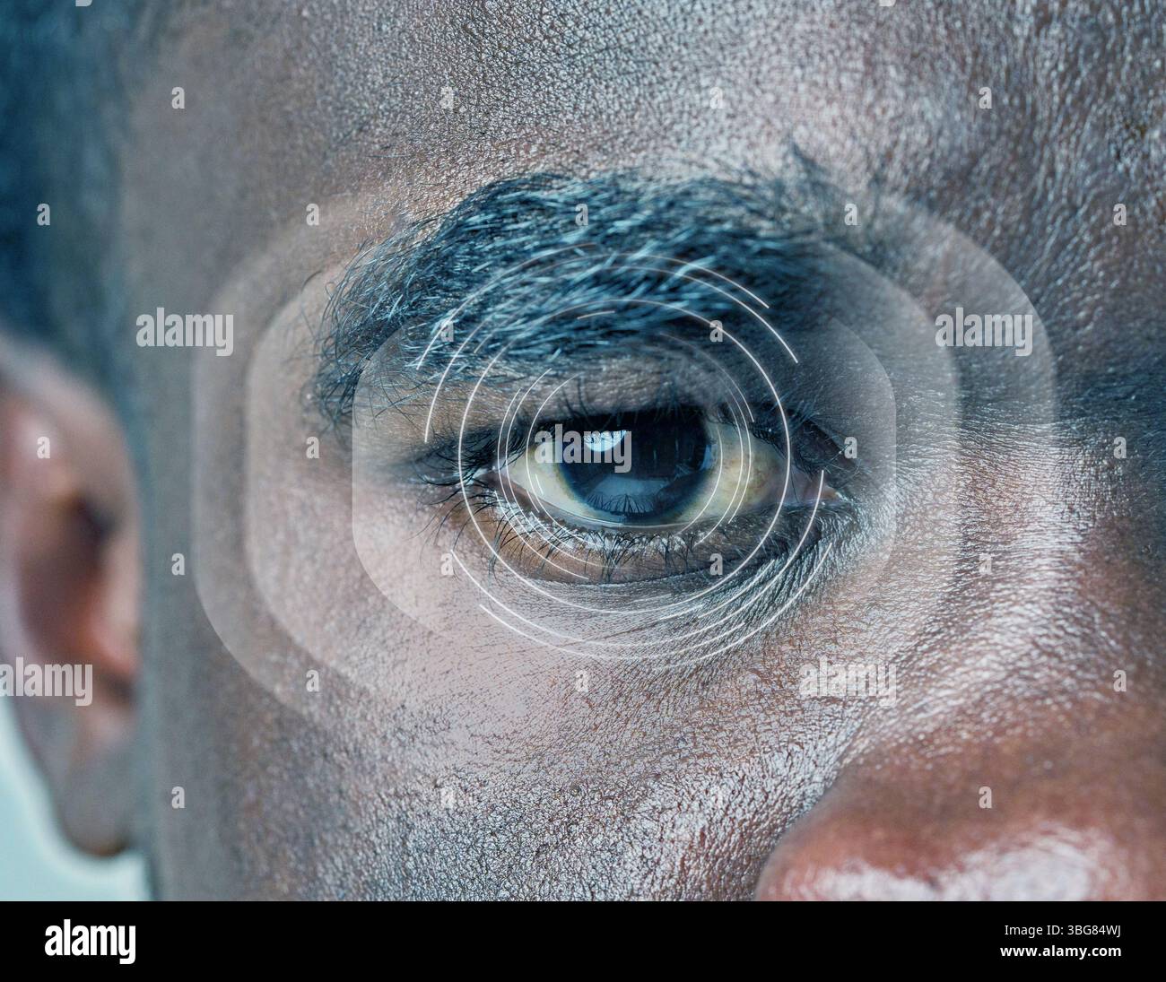 Close-up of a human eye with graphical overlay highlighting pupil and ...