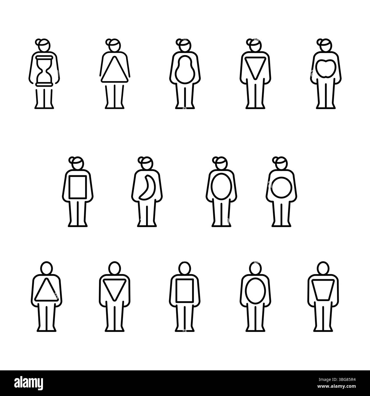 Female and Male Body types shapes type black line icons set for digital ...