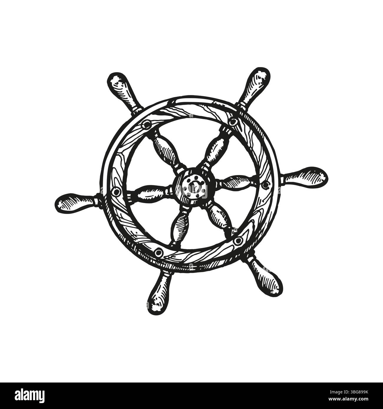 vector monochrome wooden vintage steering wheel of a boat or ship, ink ...