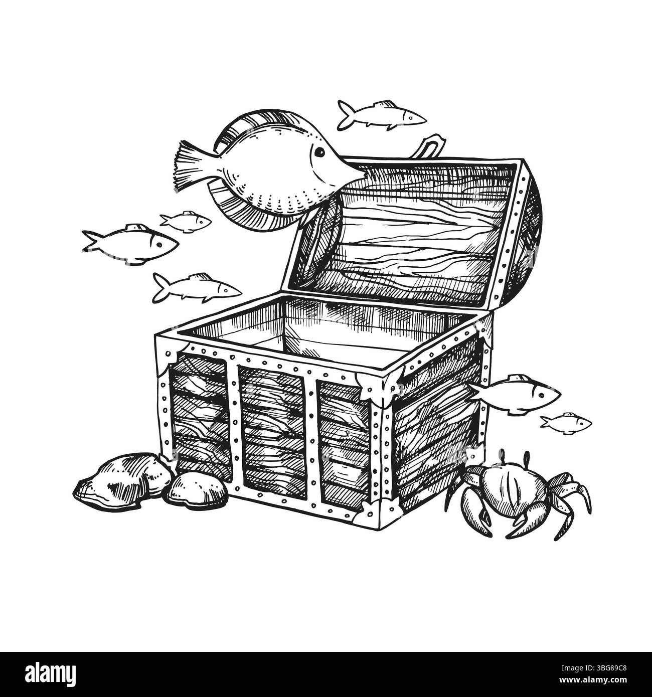 vector wooden full treasure chest with lid open, hand drawn box with ...