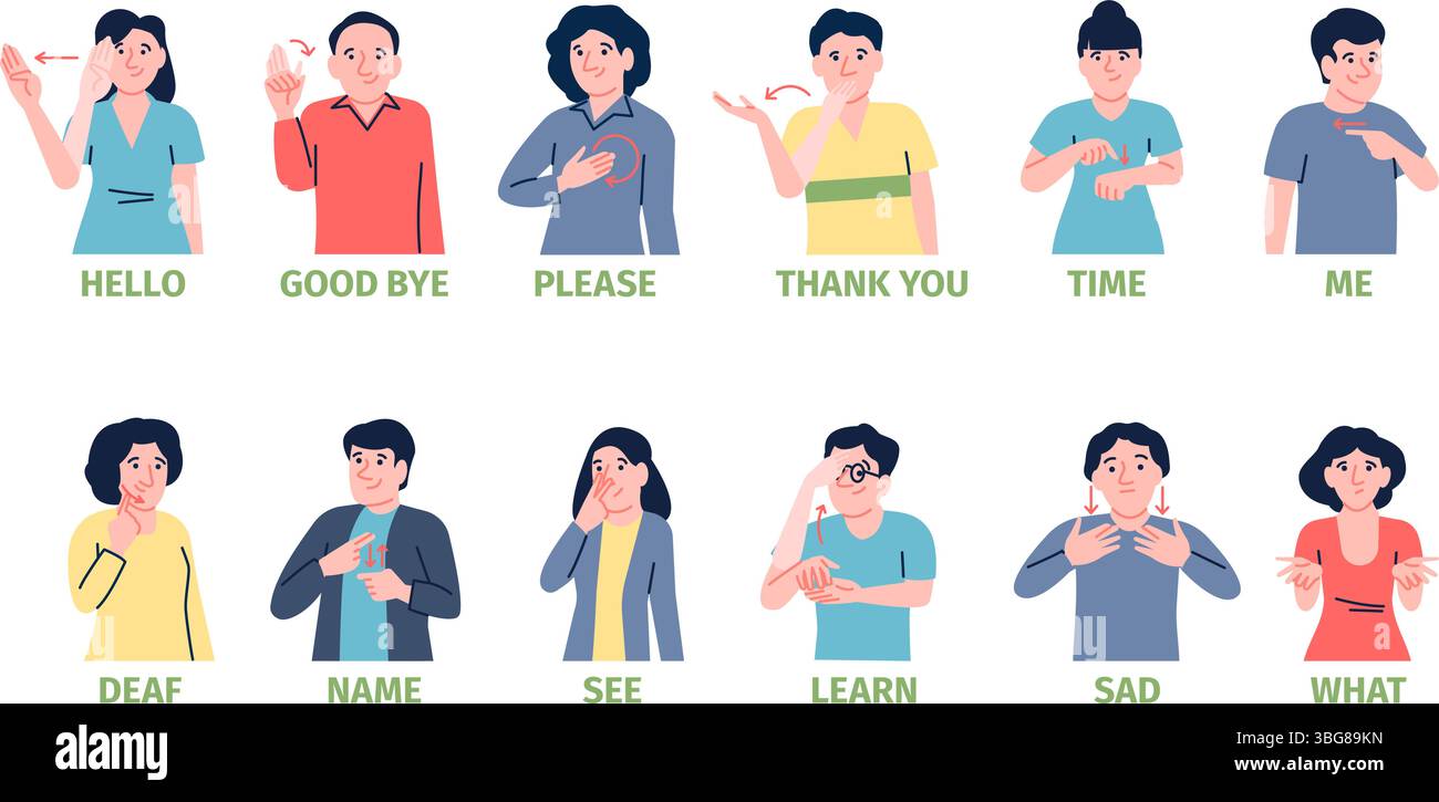 Sign language. Deaf mute people symbols for communication. Male female ...