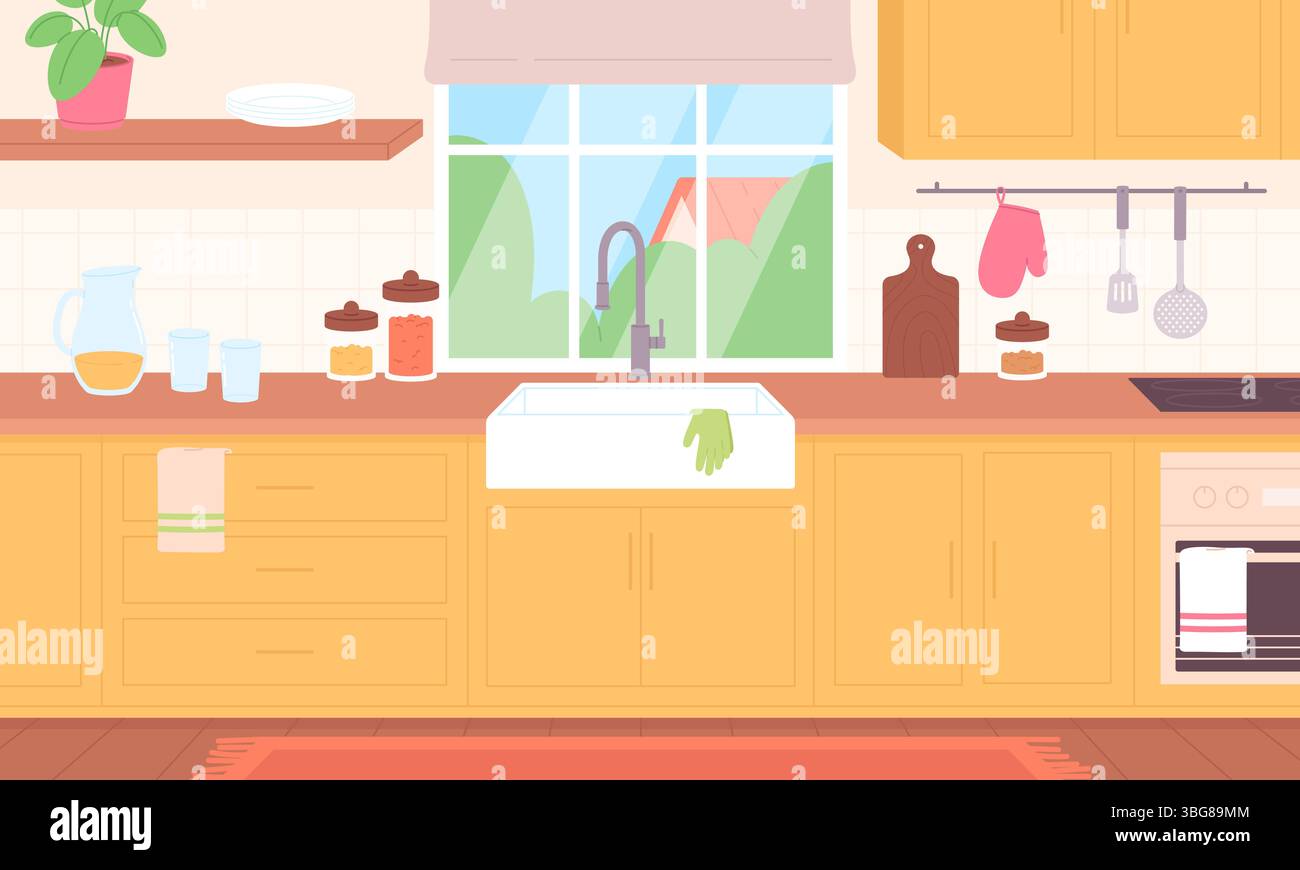 Kitchen interior. Clean kitchen with utensils, crockery and household ...