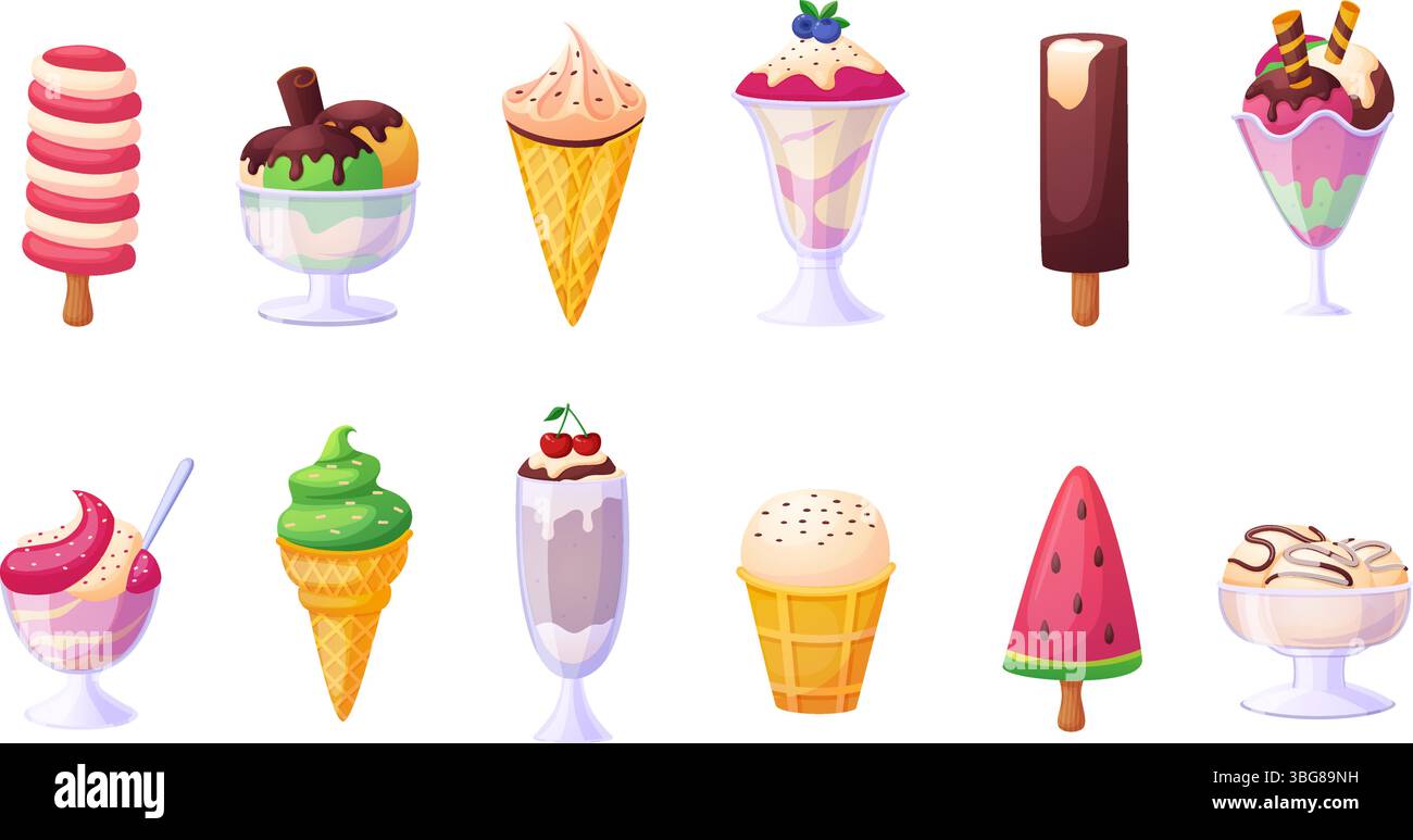 Ice cream dessert. Sweet creamy food in waffle cones and glass bowls with different toppings ...
