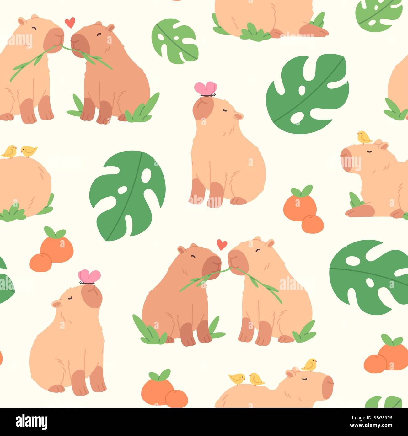 Cartoon capybara seamless pattern. Decorative template with funny animals, childish mascots ...