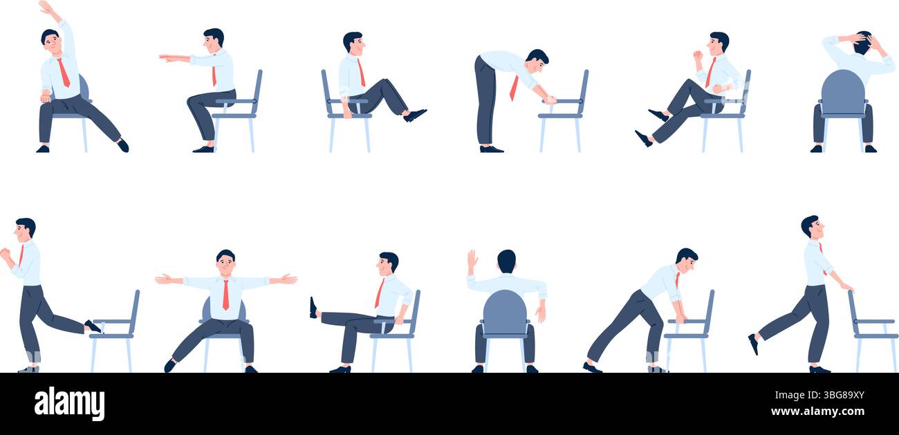 Office chair yoga. Manager workout at working place, prevention of back ...