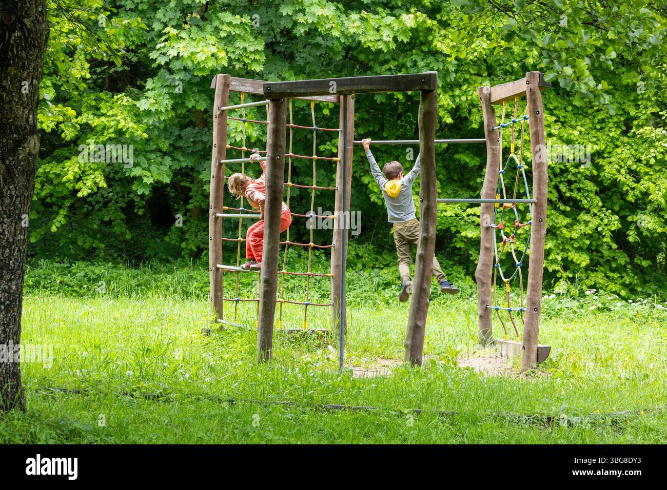 Children climbing on wooden playground structure in a green forest ...