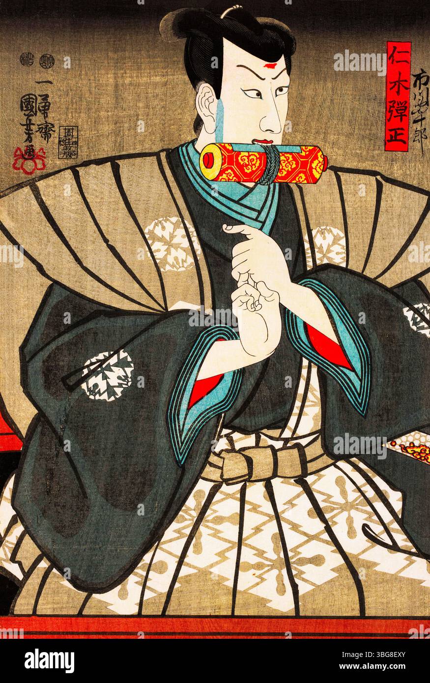 Kabuki villain Nikki Danjo gripping scroll with teeth. Ukiyo-e ...